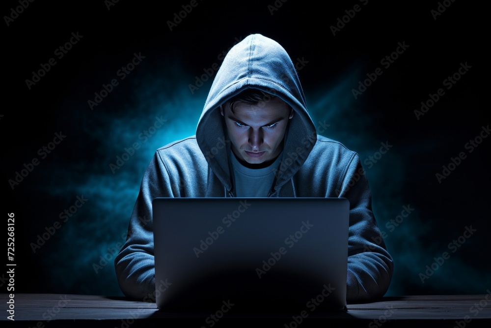 A masked and hooded hacker intently typing on a laptop, attempting to ...