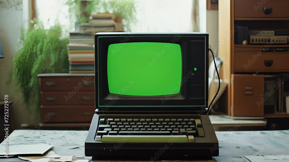 Vintage computer with green screen on desk in a retro home office setup ...