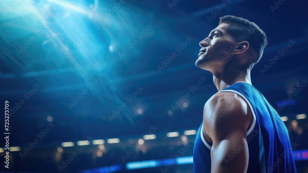 Male basketball player with cinematic blue lighting in stadium, side ...