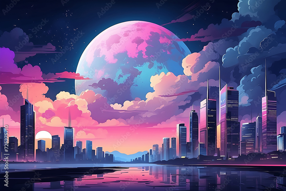 A wallpaper image of a night cityscape in Anime Neo Crisp style. Neon ...