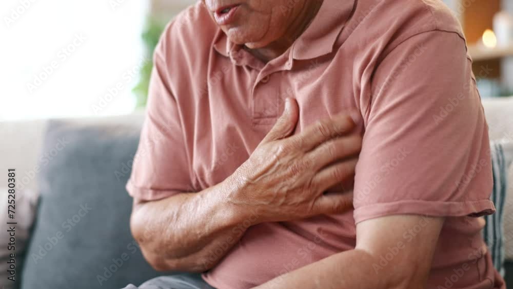 Senior man, heart attack and pain with emergency in home, massage chest ...