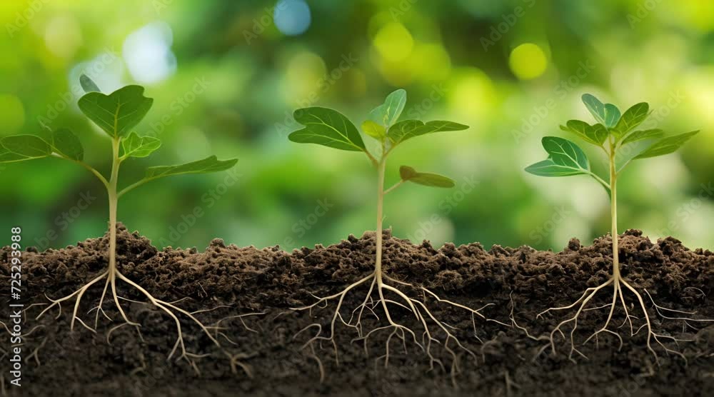three young seedling plants sprouting from the soil with roots showing ...