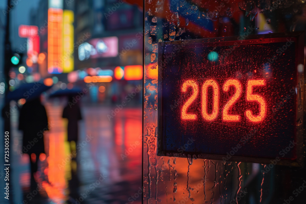 Neon sign showing 2025 on rainy city street with pedestrians. Urban ...