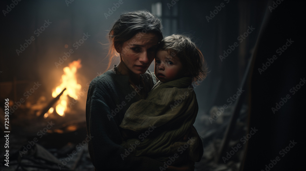 Loving mother holding her child in the bomb shelter during a missile ...