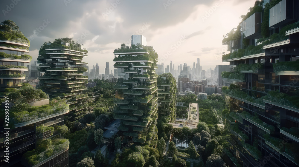 Green skyscraper building with plants growing on the facade. Ecology ...