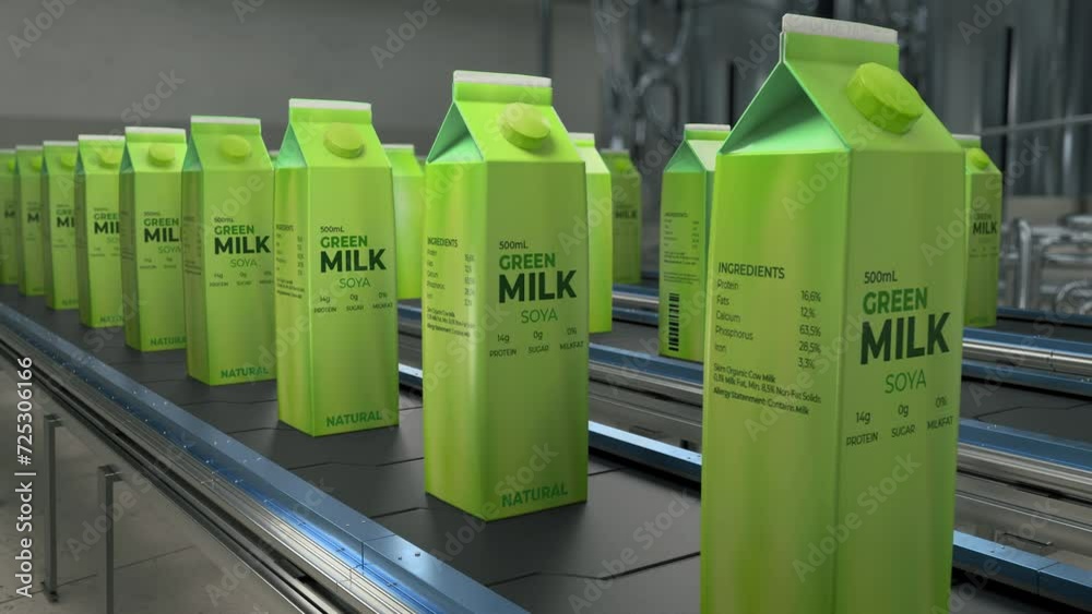 Transporting the Soya Green Milk Drink Cartons on a production conveyor ...