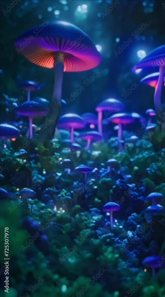 a fantasy glowing alien fungal landscape at night, swarm of fireflies ...
