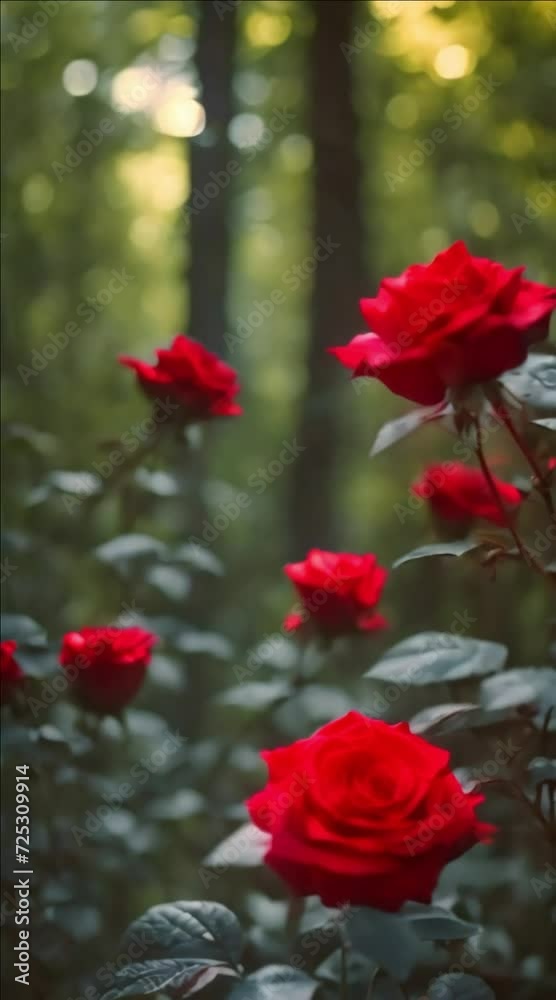Vidéo Stock Luminous red roses in a dark rose forest, a rose path, rose ...
