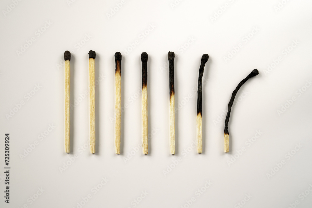 Whole and burnt matches lined up in a row on a white background. The ...