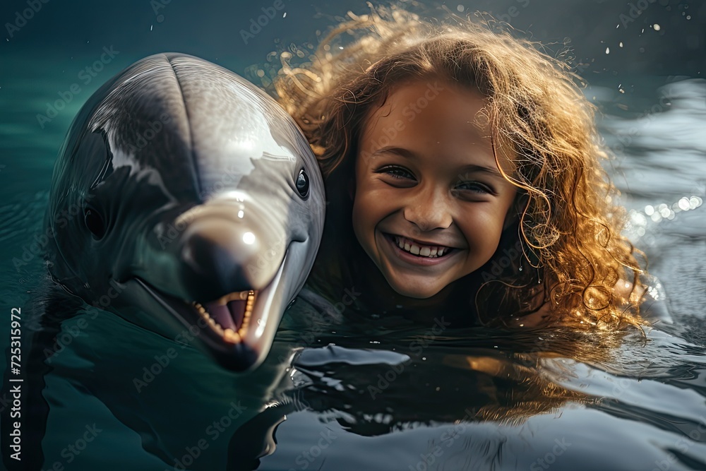 Adorable little girl swimming with dolphin and petting him on summer ...