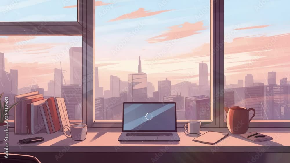 setup workspace at home with computer desk near open window. cartoon or ...