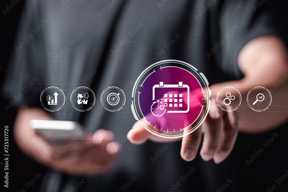 Time management concept. Person touch virtual time management icon to ...