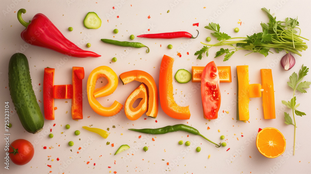 Health title text word made from vegetables on the table with cucumber ...