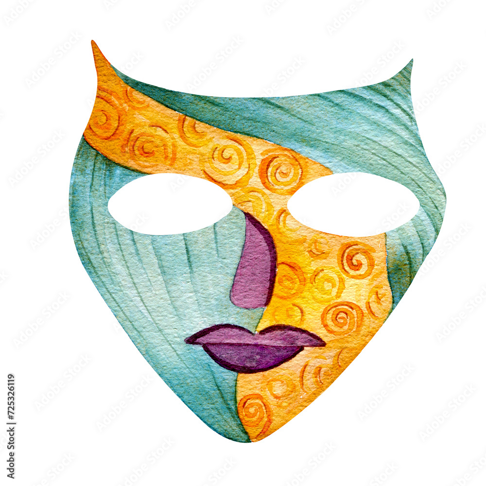 Hand drawn watercolor mask for masquerade. Stylized face mask in gold ...