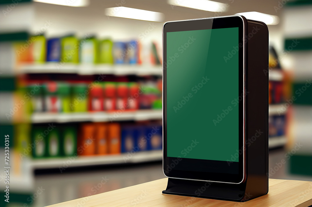 Digital screen vertical mockup on the cashier table for customer use ...