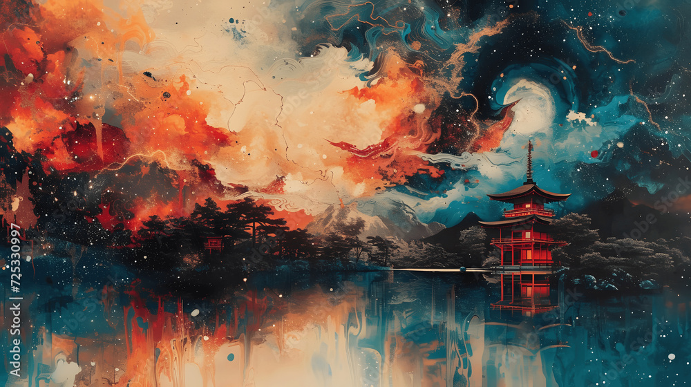 Multichromatic synthwave painting of amythical Kirin over aJapanese ...
