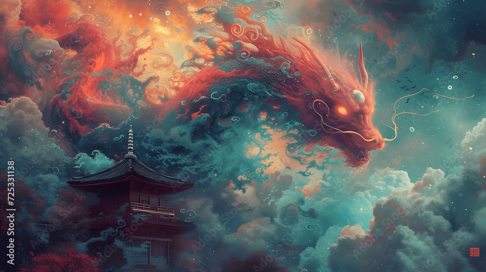Multichromatic synthwave painting of amythical Kirin over aJapanese ...
