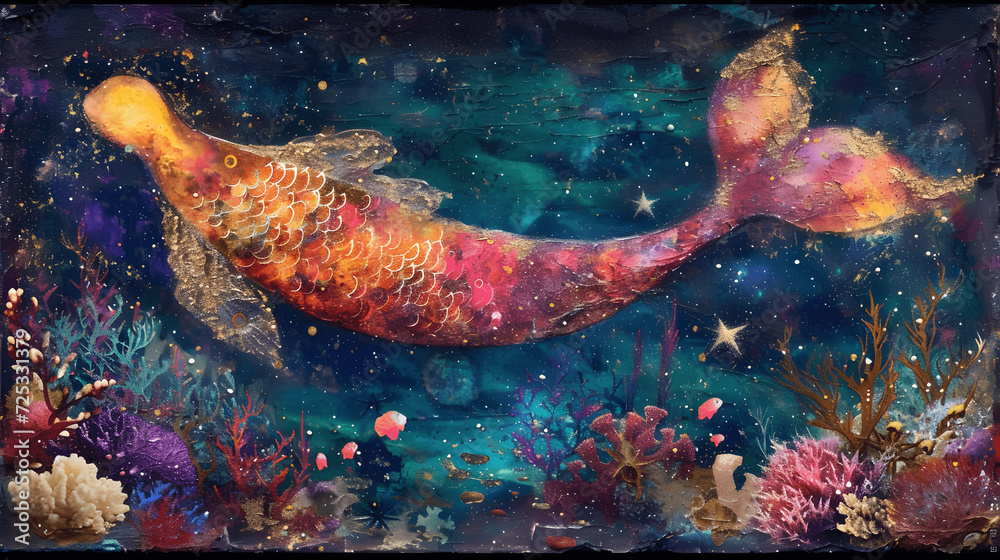 Multichromatic synthwave painting of amermaid over acoral reef its body ...