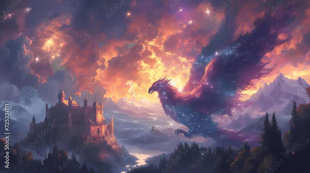 Multichromatic synthwave painting of agriffin over amedieval castle its ...