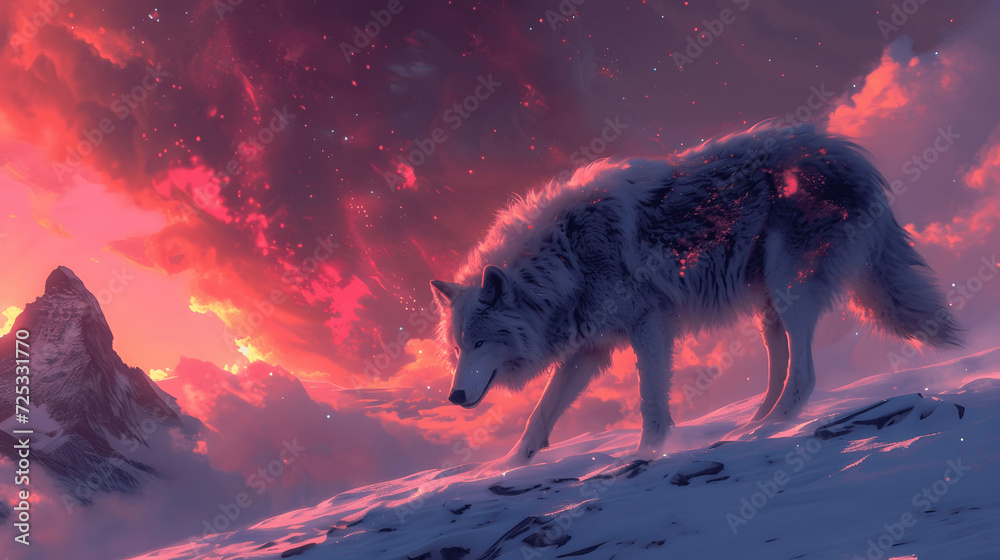 Multichromatic synthwave painting of agiant wolf over asnowy mountain ...
