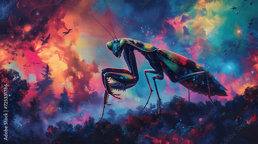 Multichromatic synthwave painting of agiant mantis over alush ...