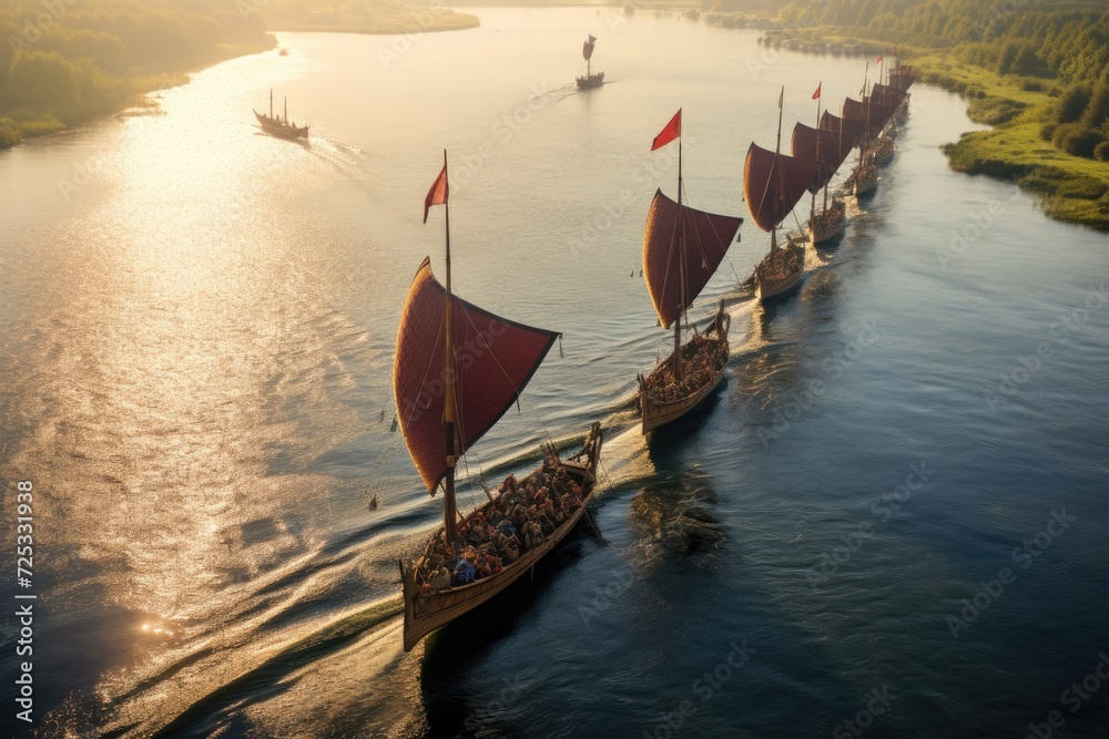 Sailing viking row ships on river. Drakkar, longships. Scandinavian ...