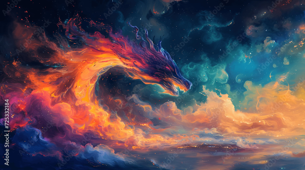 Multichromatic synthwave painting of afirebreathing hydra over alava ...