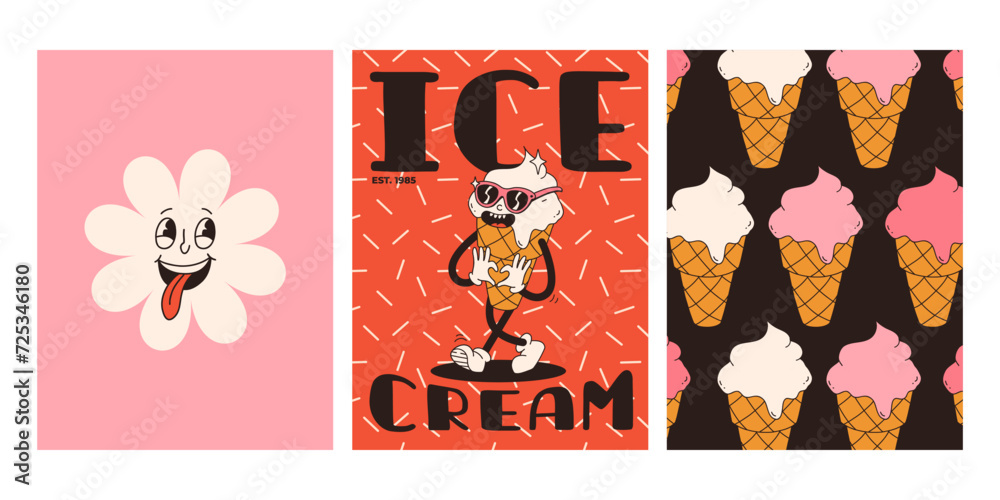 Set of fast food posters. Retro groovy cards with street food ...