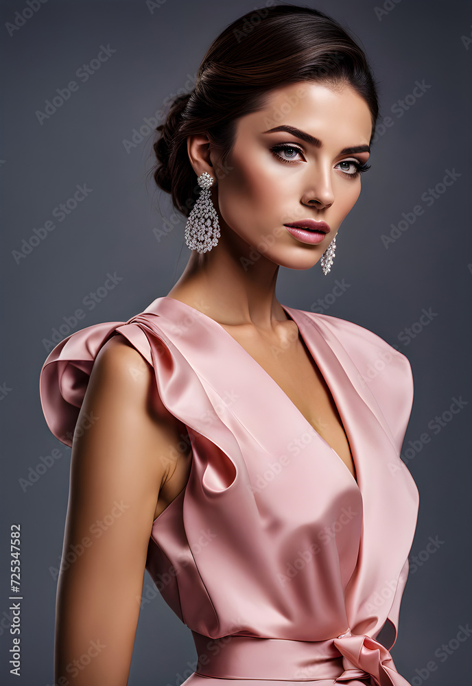 Elegant cover lady model in pink dress posing at grey isolate ...