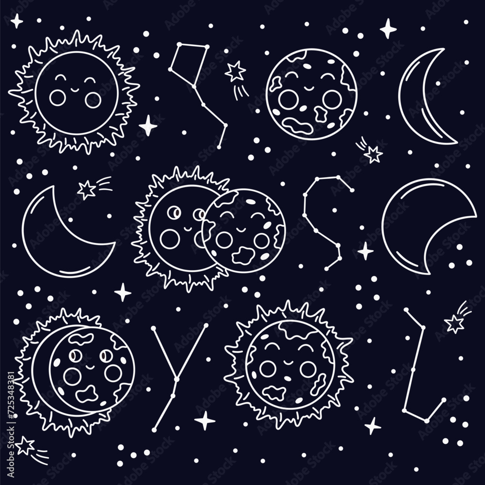 Solar eclipse. Phases of onset of solar eclipse. Night sky with stars ...