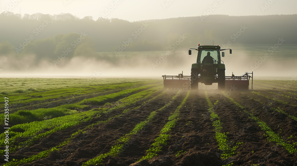 Tractor Tilling Soil at Sunrise in Misty Field. Early morning mist ...
