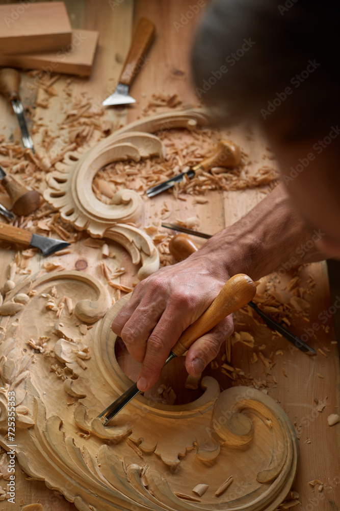 Timber, wood processing. Joinery work. Wood carving with work tools ...