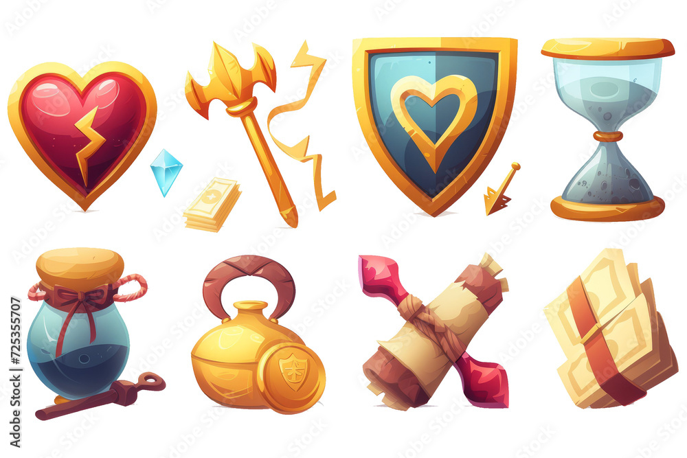 Set of game icons, shield, sword, lightning flash and heart, golden cup ...