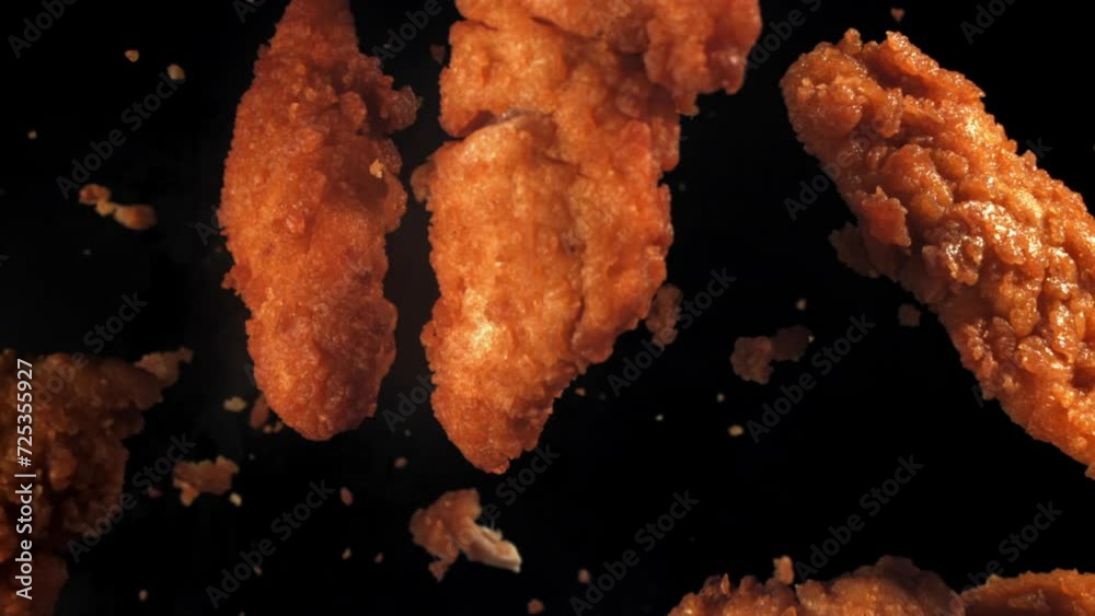 Chicken nuggets fly up and fall down. Filmed on a high-speed camera at ...