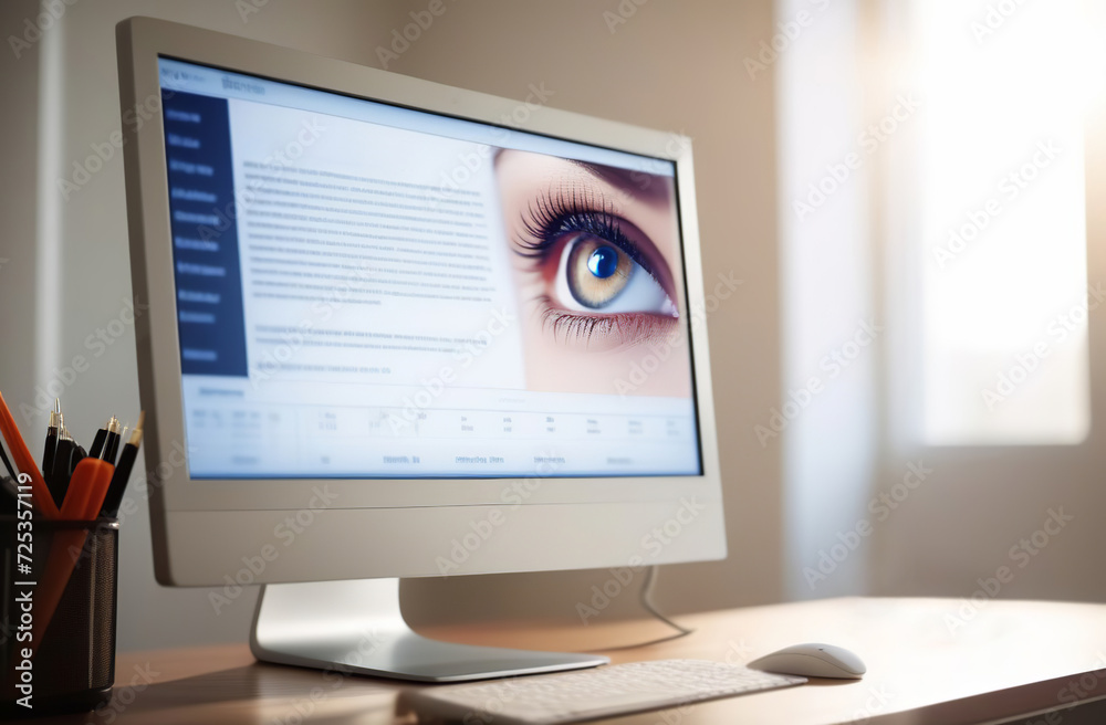 Desktop Computer Monitor with Blue Neon Eye on the Desk in the Modern ...