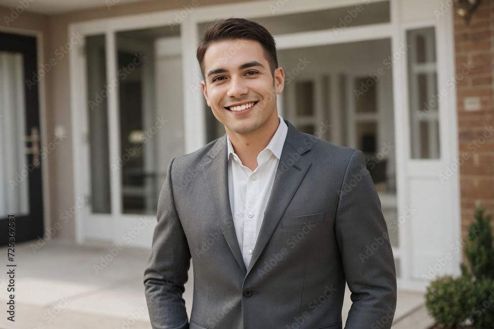 Handsome and friendly real estate agent standing outside a modern home ...