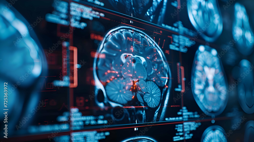 MRI scan image on a digital screen, showing a detailed view of a brain ...