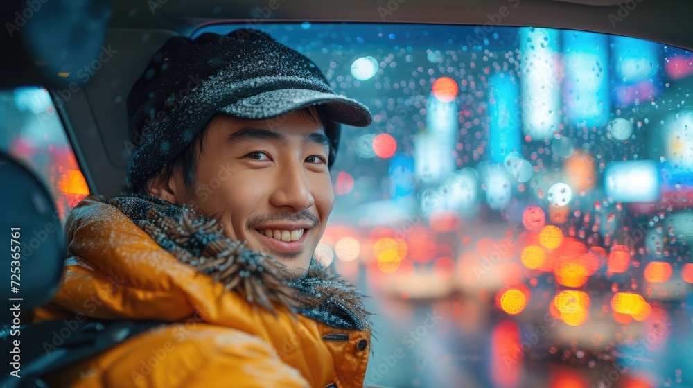 an Chinese driver smiling and looking back in the Chinese big city ...