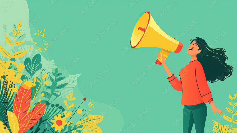 Smiling happy woman hold scream shout in megaphone announces discounts ...