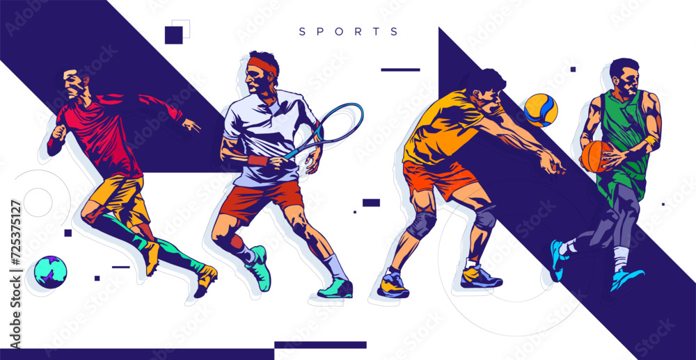 Sports athlete design in grunge design style. football, tennis ...