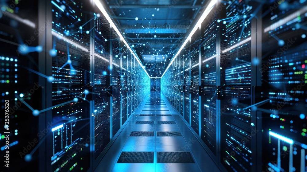 Shot of Corridor in Working Data Center Full of Rack Servers and ...