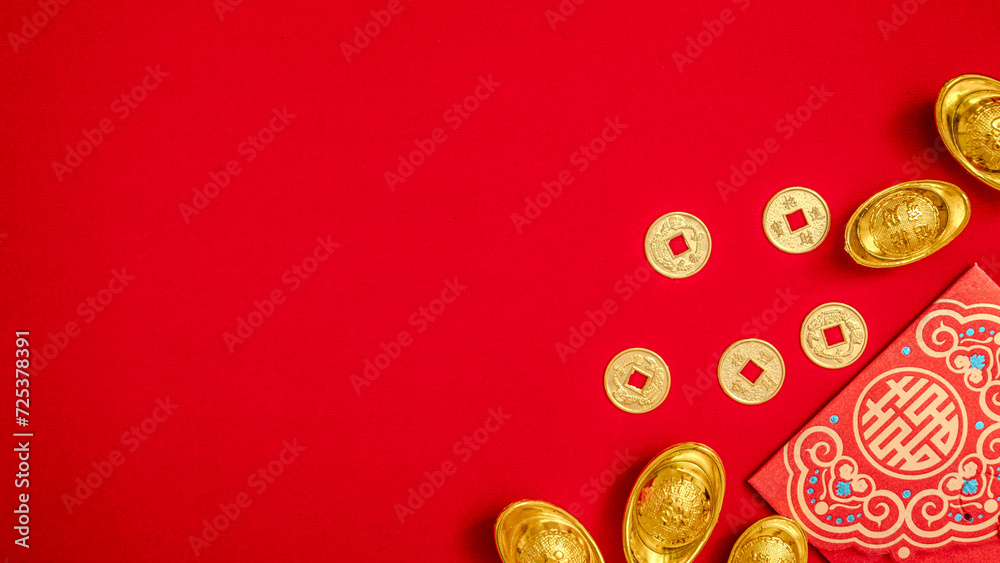 red envelope, ang pow, red packet with ancient Chinese ingot gold bar ...