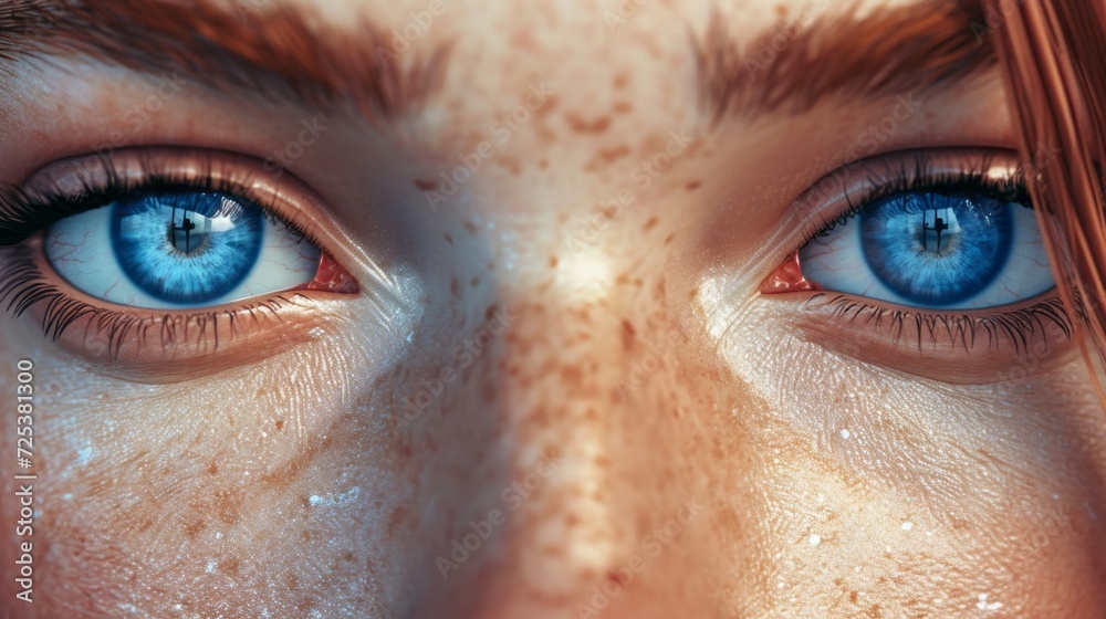 A woman's blue eyes are depicted in a photorealistic image with a ...