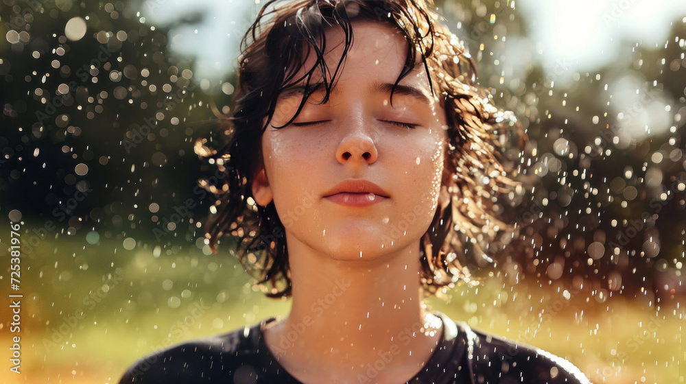 A young boy, with his face flushing and sweat, is standing in the rain ...