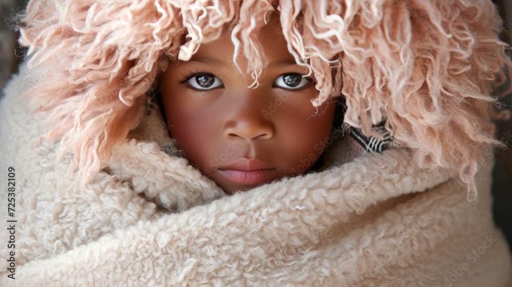 A light-skinned young girl, possibly from the Himba tribe, is wrapped ...