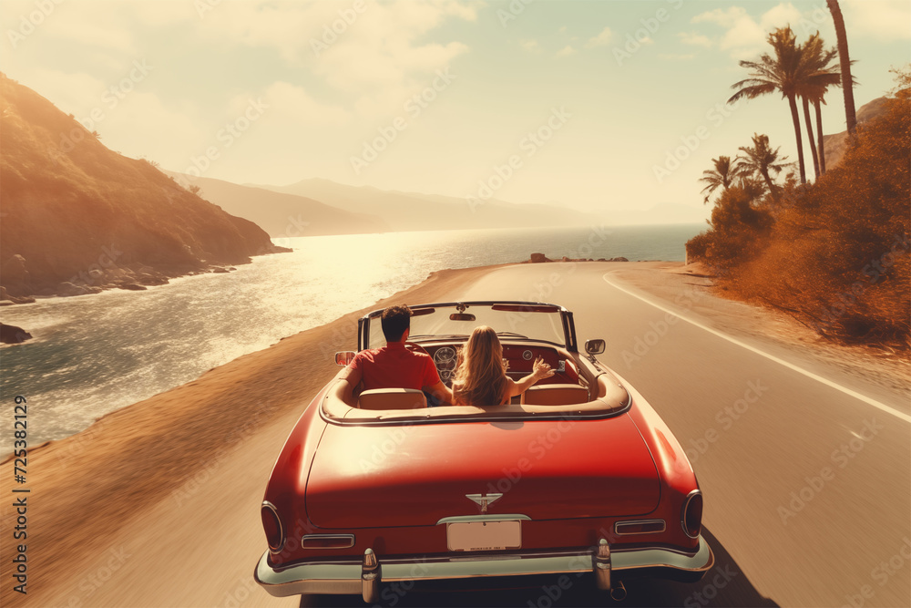 Chase sunsets in style with a couple cruising a vintage red convertible ...