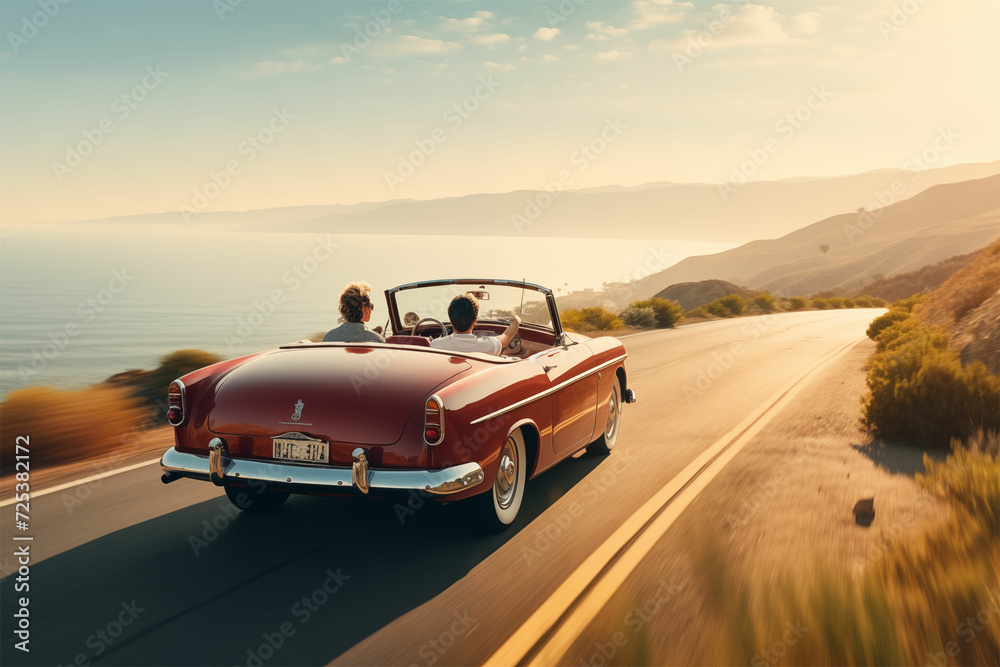 Chase sunsets in style with a couple cruising a vintage red convertible ...