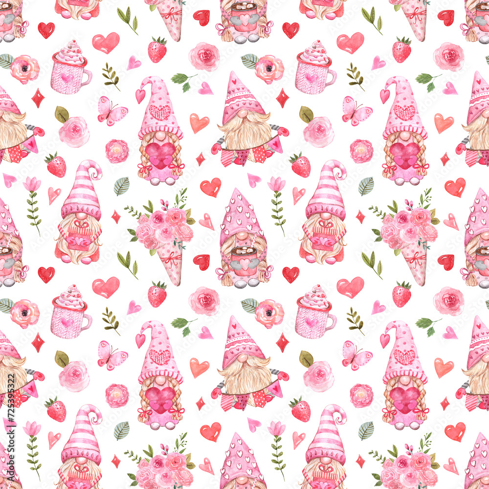Watercolor Valentine gnomes seamless pattern. Valentines day-themed ...
