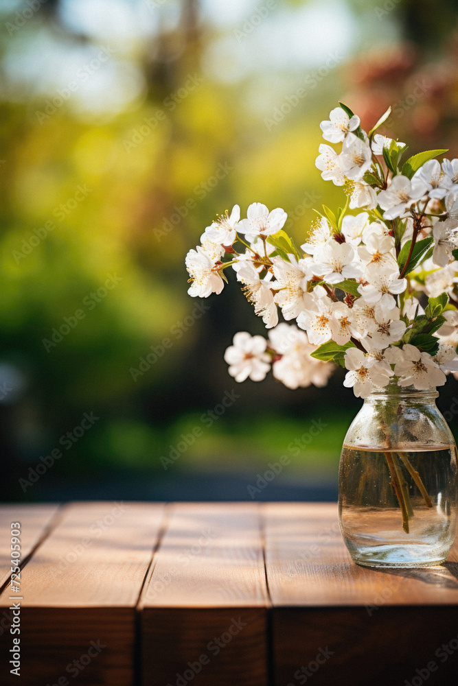 Wooden table spring nature bokeh background, empty wood desk product ...