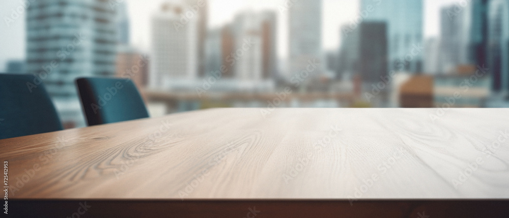 Wooden table corporate office bokeh background, empty wood desk surface ...
